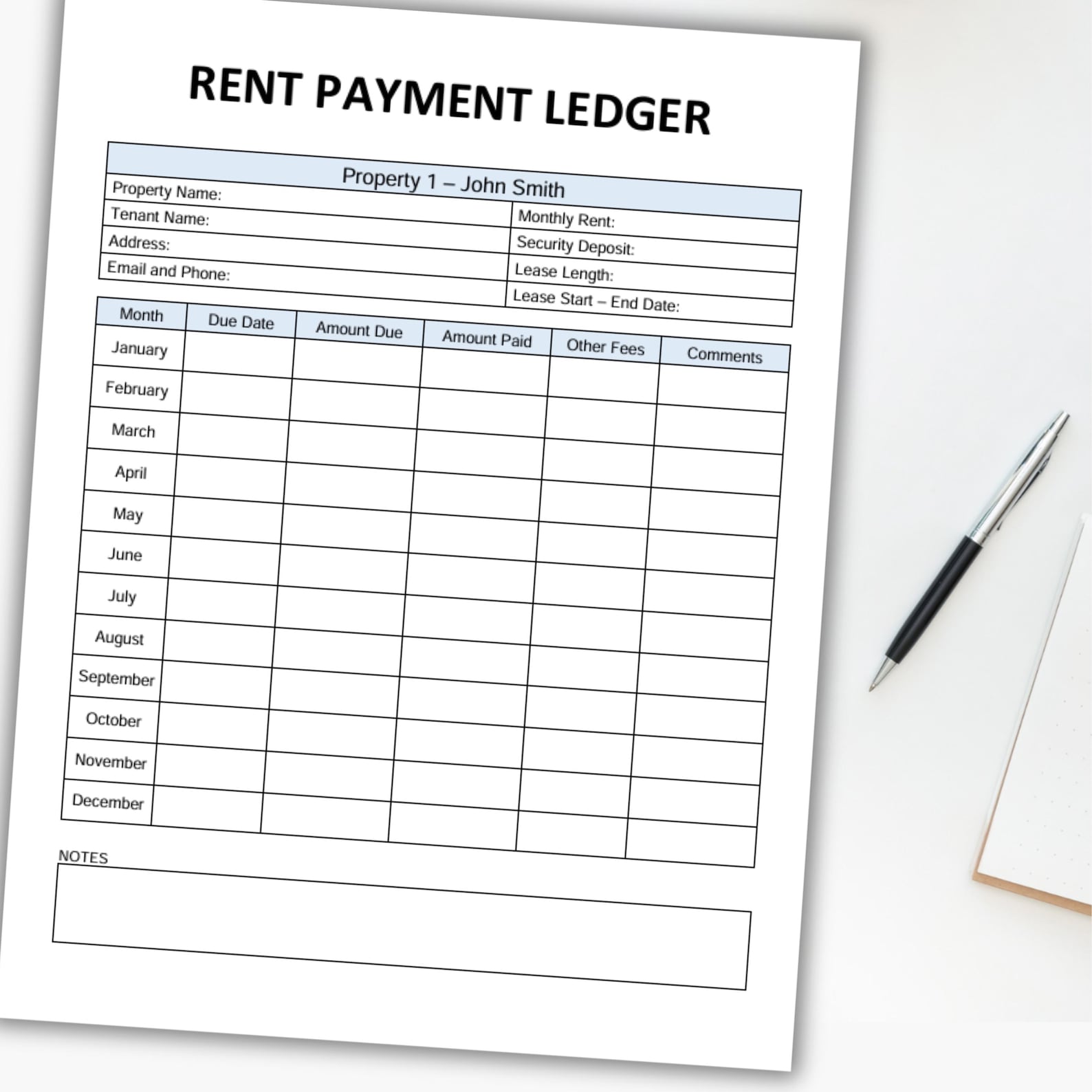 Editable Rent Payment Ledger Template, Monthly Rent Payment Tracker ...