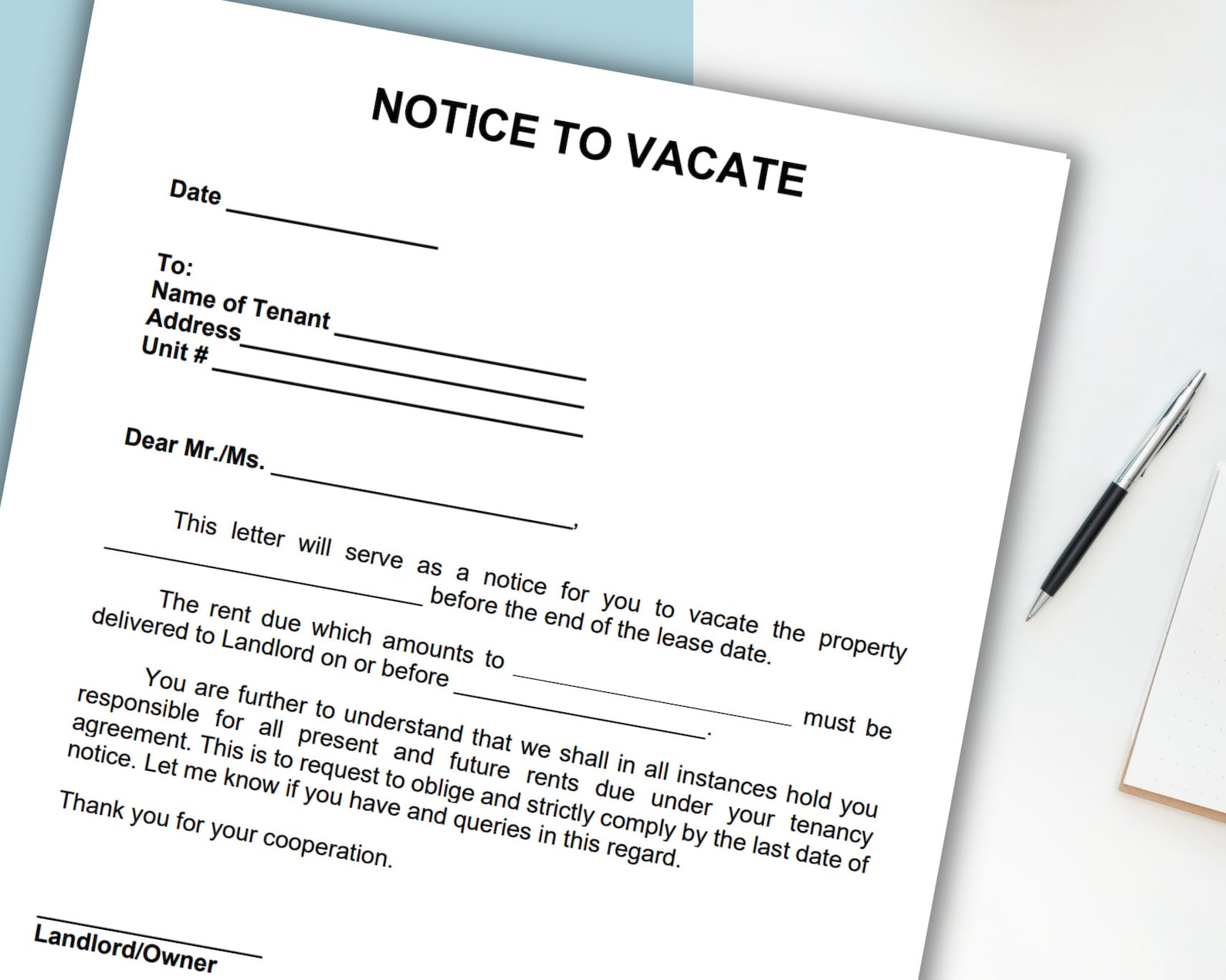Notice to Vacate Template Notice to Vacate Letter Editable - Etsy UK