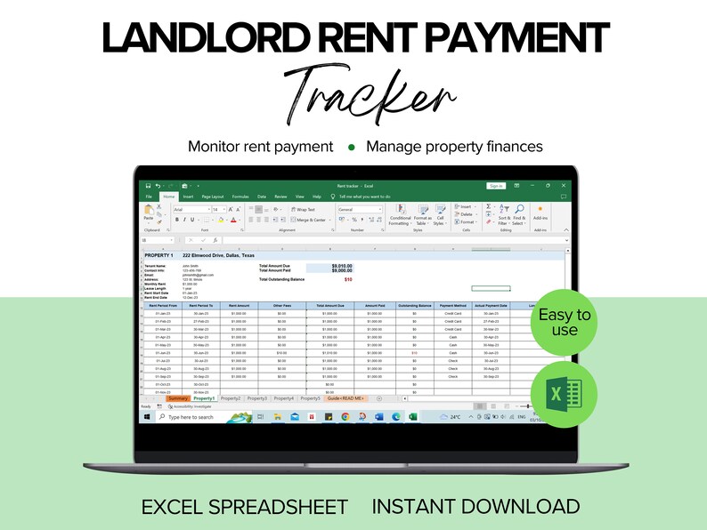 Rent Payment Tracker, Landlord Spreadsheet, Rent Payment Ledger ...