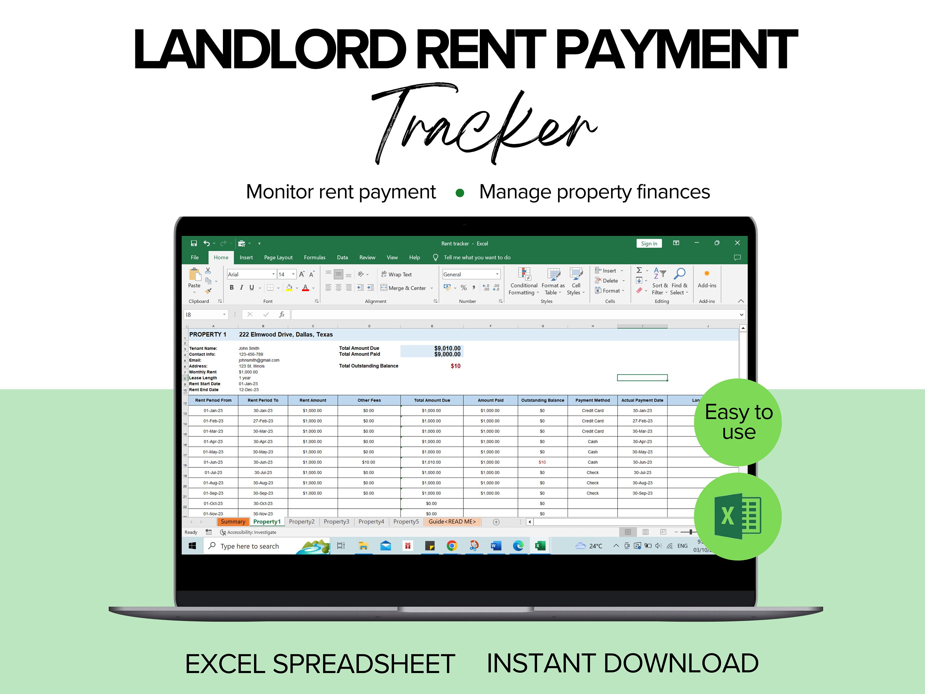 Rent Payment Tracker, Landlord Spreadsheet, Rent Payment Ledger ...
