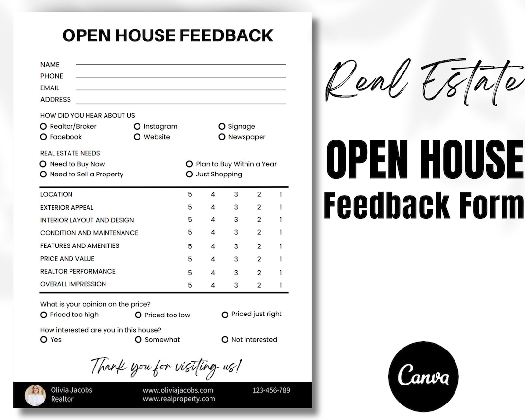 Open House Feedback Form, Realtor Open House Flyers, Realtor Checklist ...