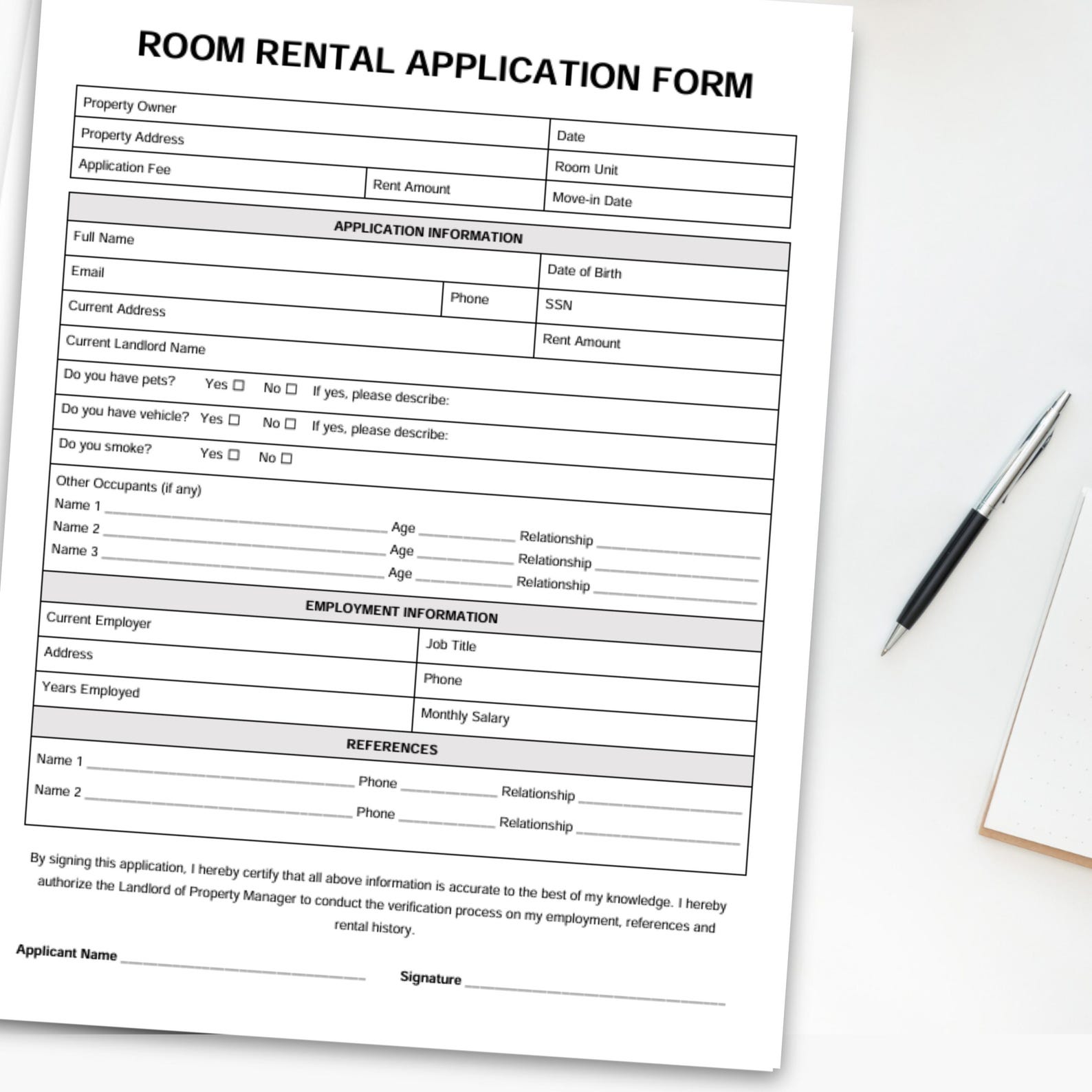 Room Rental Application Form, Rental Application, Landlord Rental ...
