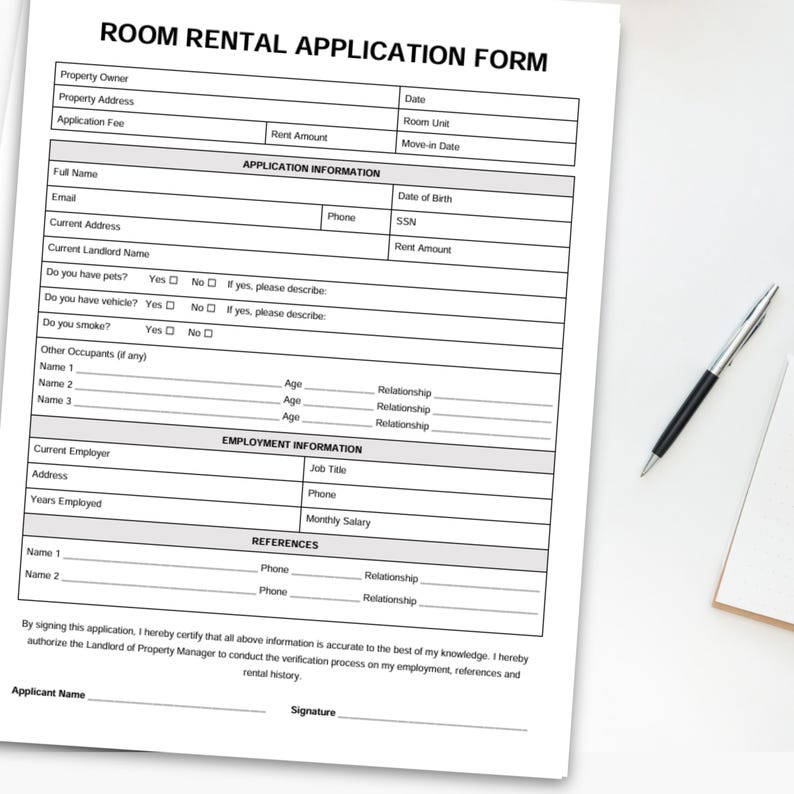 Room Rental Application Form, Rental Application, Landlord Rental ...