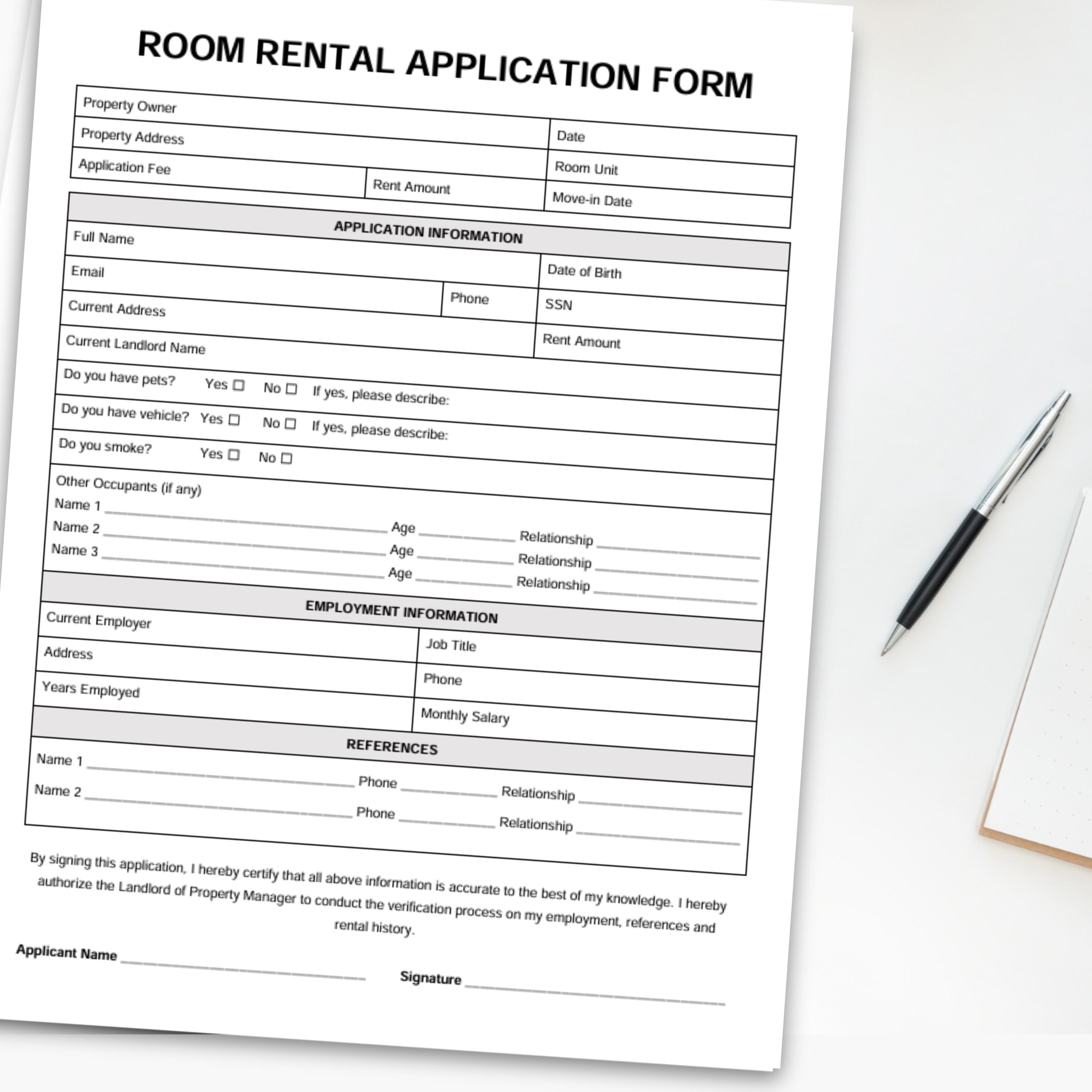 Room Rental Application Form, Rental Application, Landlord Rental ...