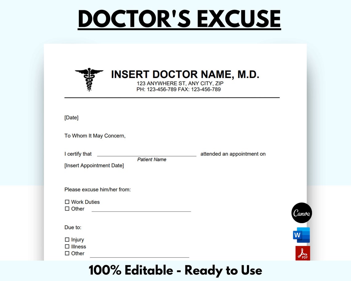 Doctor Excuse Template, Doctor Excuse for Work, Doctor Excuse Letter ...