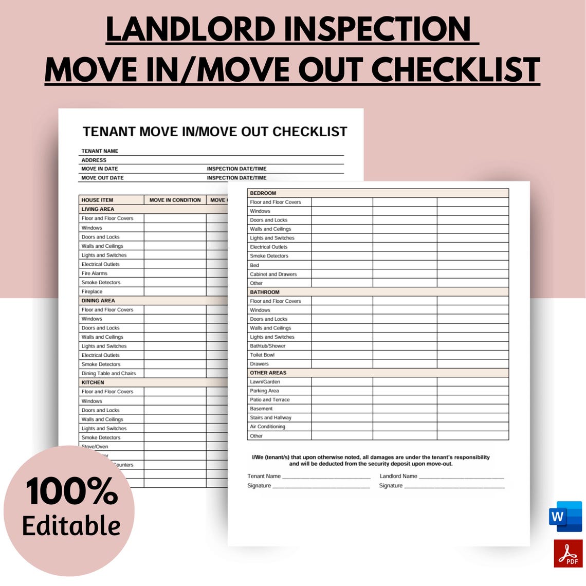 Tenant Move in Move Out Checklist, Landlord Checklist, Walkthrough ...