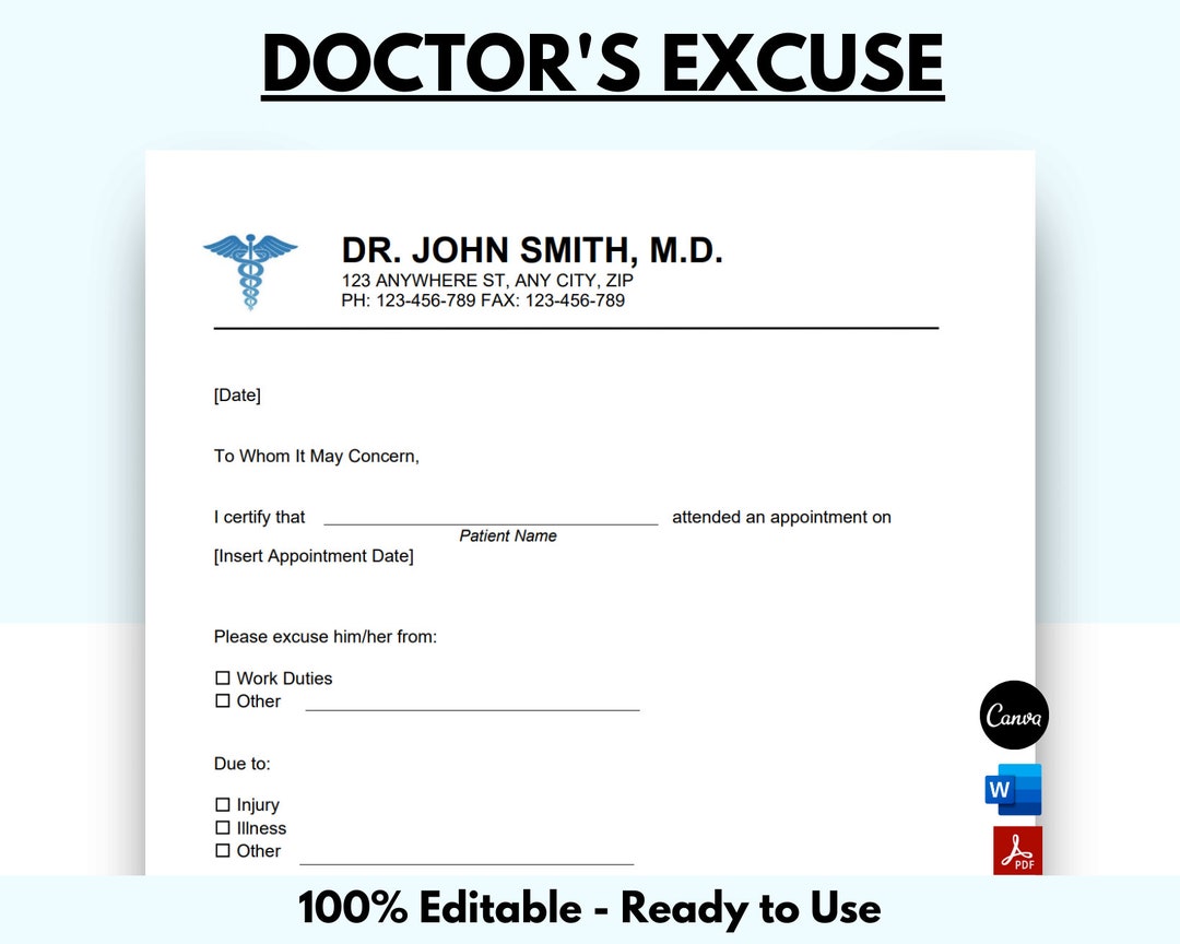 Doctor Excuse Template, Doctor Excuse for Work, Doctor Excuse Letter ... Doctor Excuse Template, Doctor Excuse for Work, Doctor Excuse Letter ...