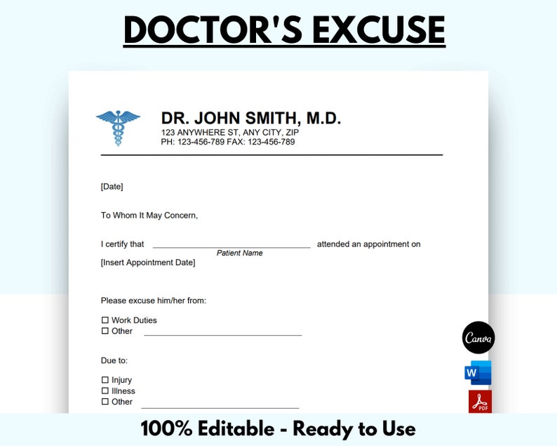 Doctor Excuse Template, Doctor Excuse for Work, Doctor Excuse Letter ...