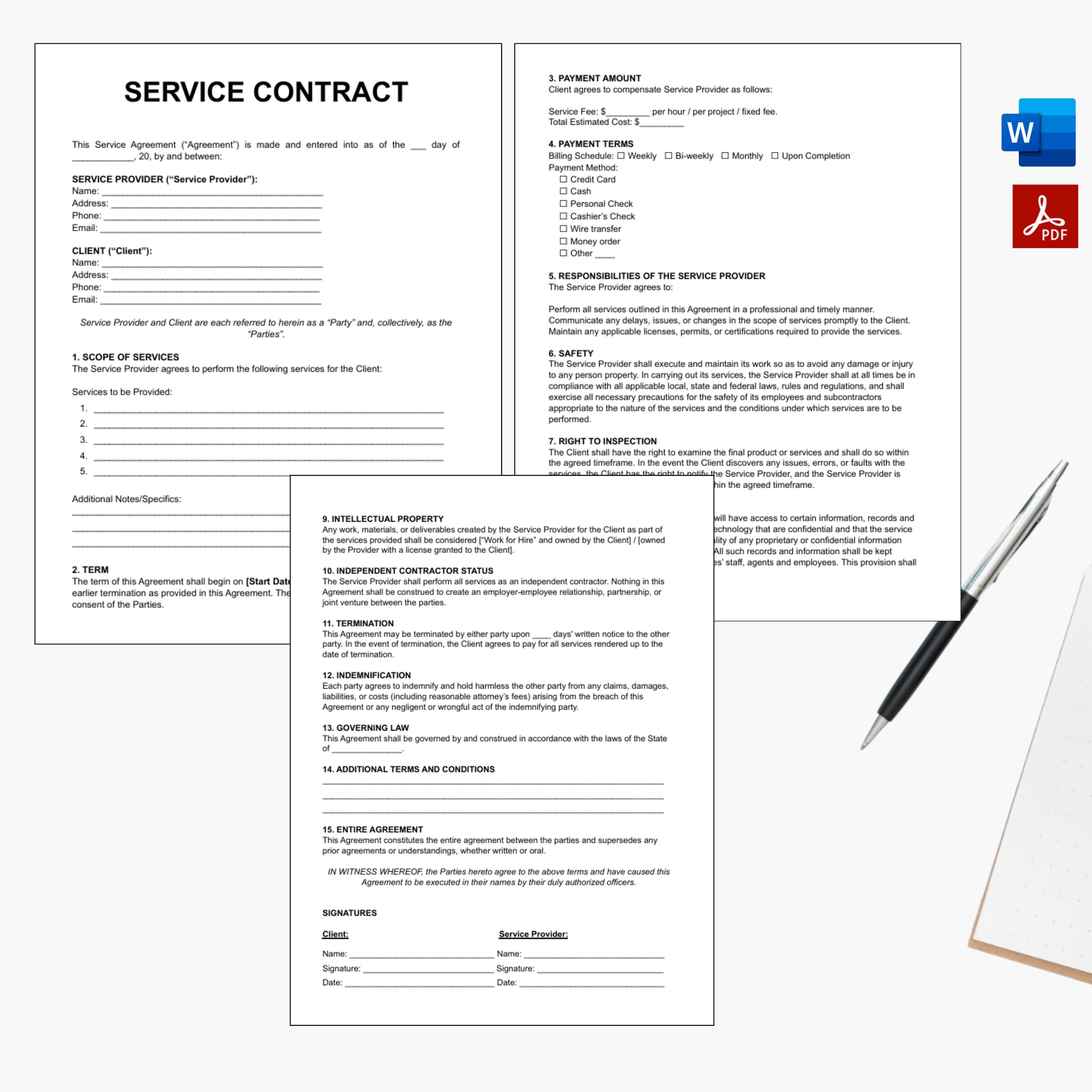 Printable Service Contract, Services Contract Agreement. Service ...