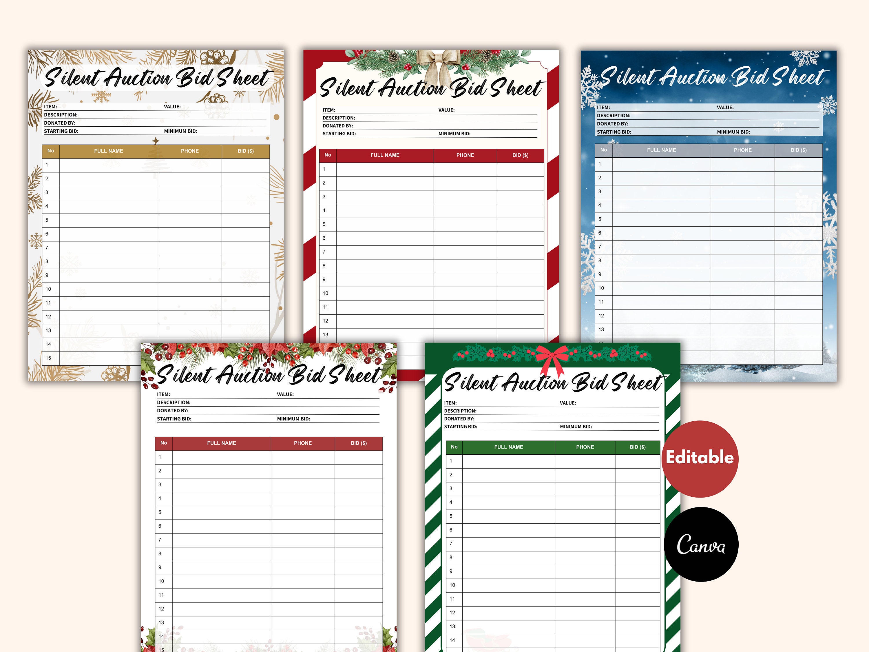 Silent Auction Bid Sheet Christmas, Printable Silent Auction Bid Sheets ...