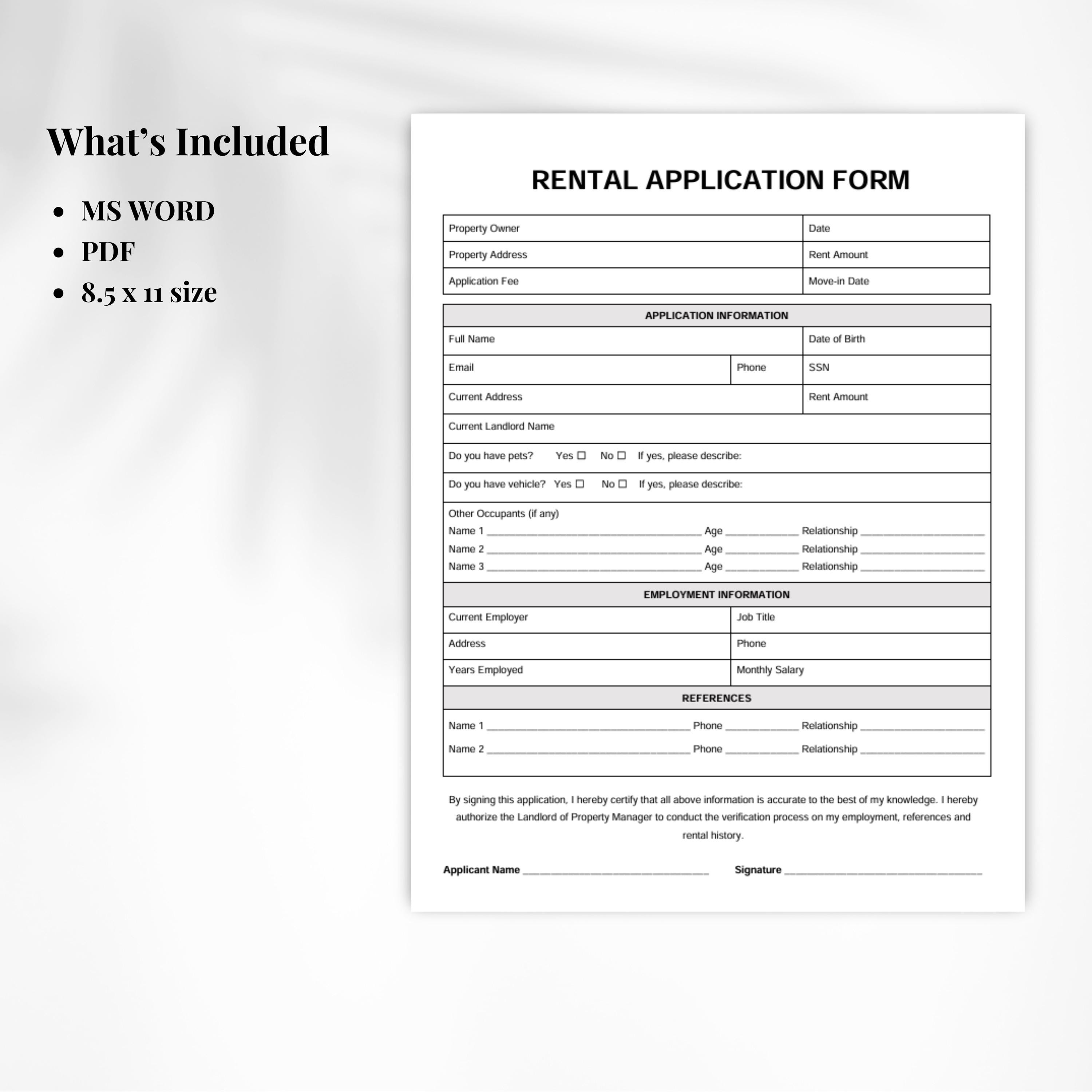 Rental Application Form, Landlord Rental Application, Tenant Rental ...