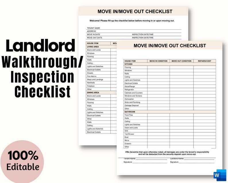 Tenant Move in Move Out Checklist Landlord Checklist - Etsy
