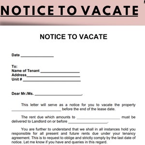 Notice to Vacate Template Notice to Vacate Letter Editable - Etsy UK