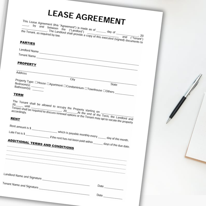 Rental Agreement, Lease Contract Template, Landlord Forms, Printable ...