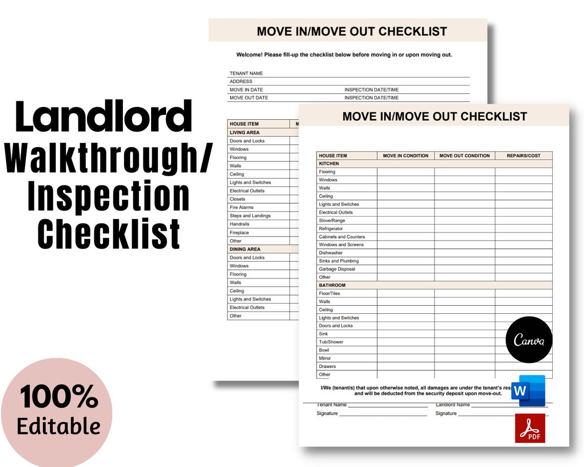 Tenant Move in Move Out Checklist, Landlord Checklist, Walkthrough ...