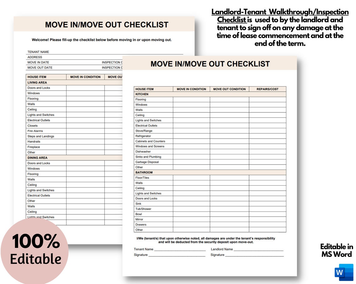 Tenant Move in Move Out Checklist Landlord Checklist - Etsy