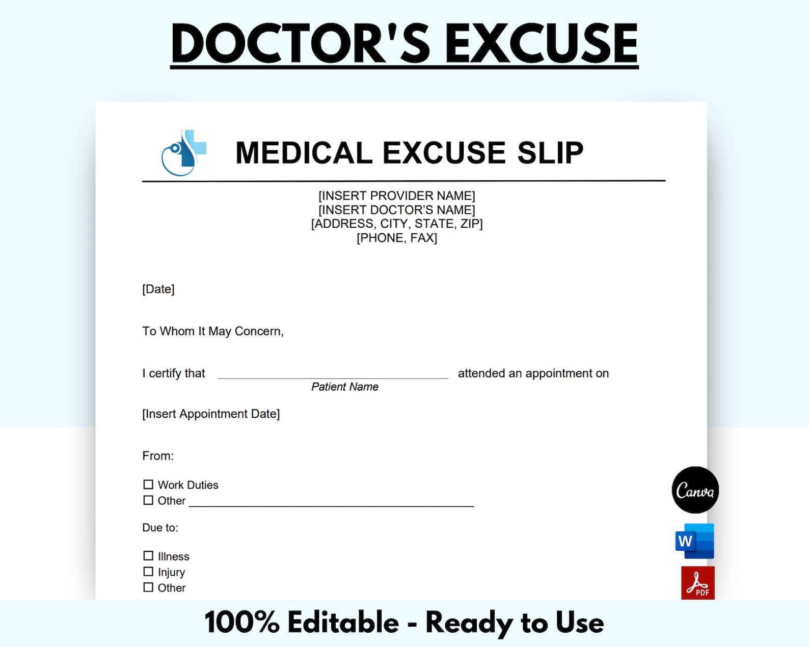Doctor Excuse Template, Doctor Excuse for Work, Doctor Excuse Letter ...
