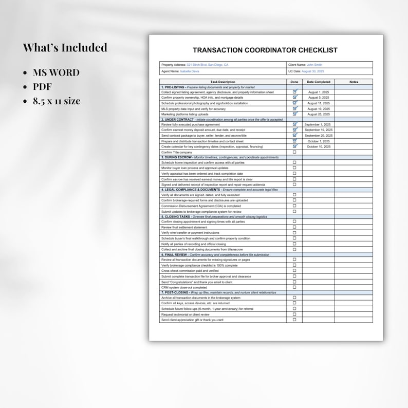 Transaction Coordinator Checklist, TC Task List, Closing Checklist ...