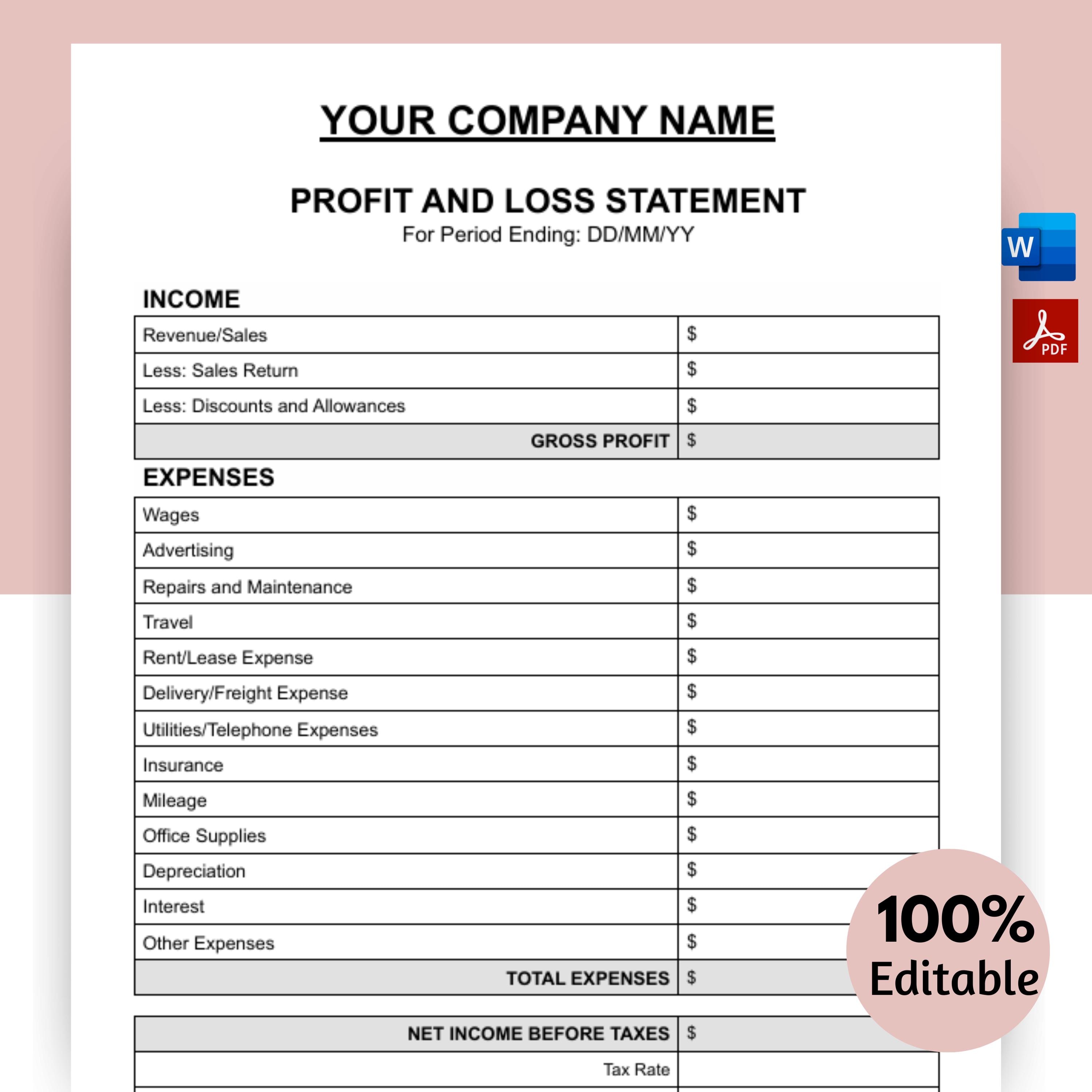 Profit and Loss Statement Template, Expense Report, Income Statement ...