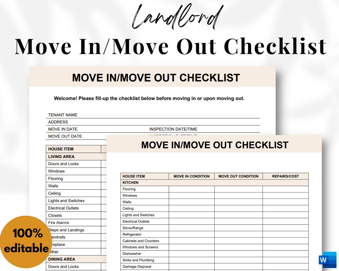 Tenant Move in Move Out Checklist, Landlord Checklist, Walkthrough ...