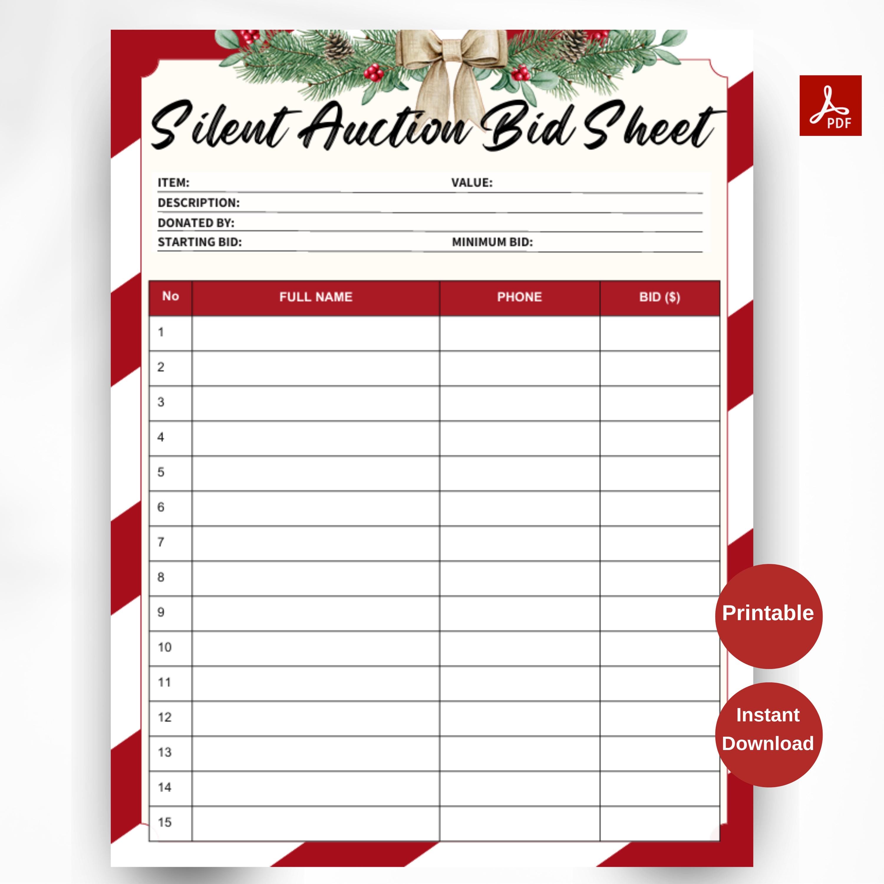 Silent Auction Bid Sheet Christmas, PRINTABLE Silent Auction Bid Sheets ...