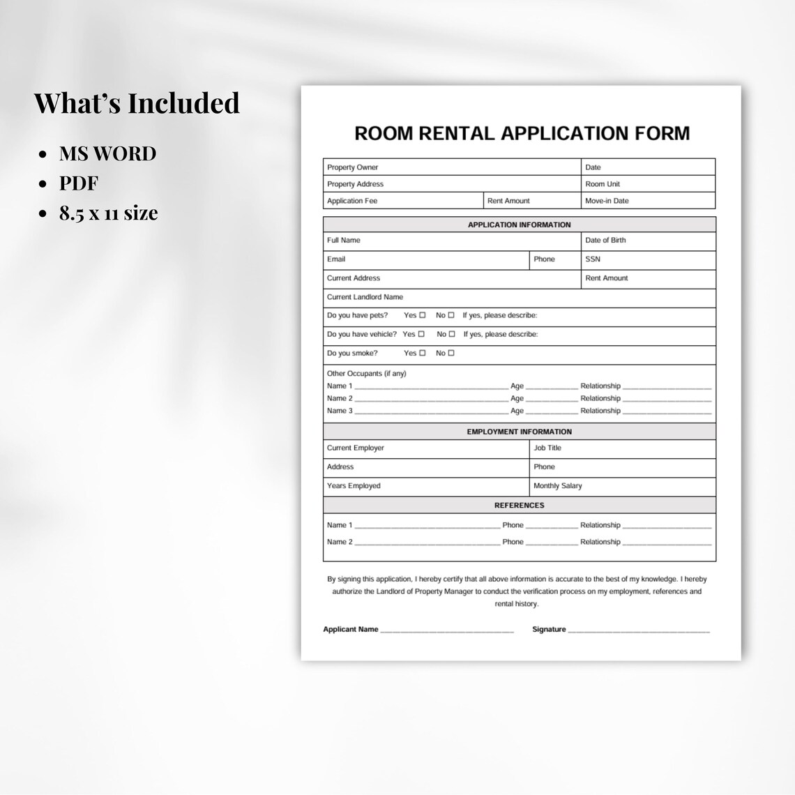 Room Rental Application Form, Rental Application, Landlord Rental ...