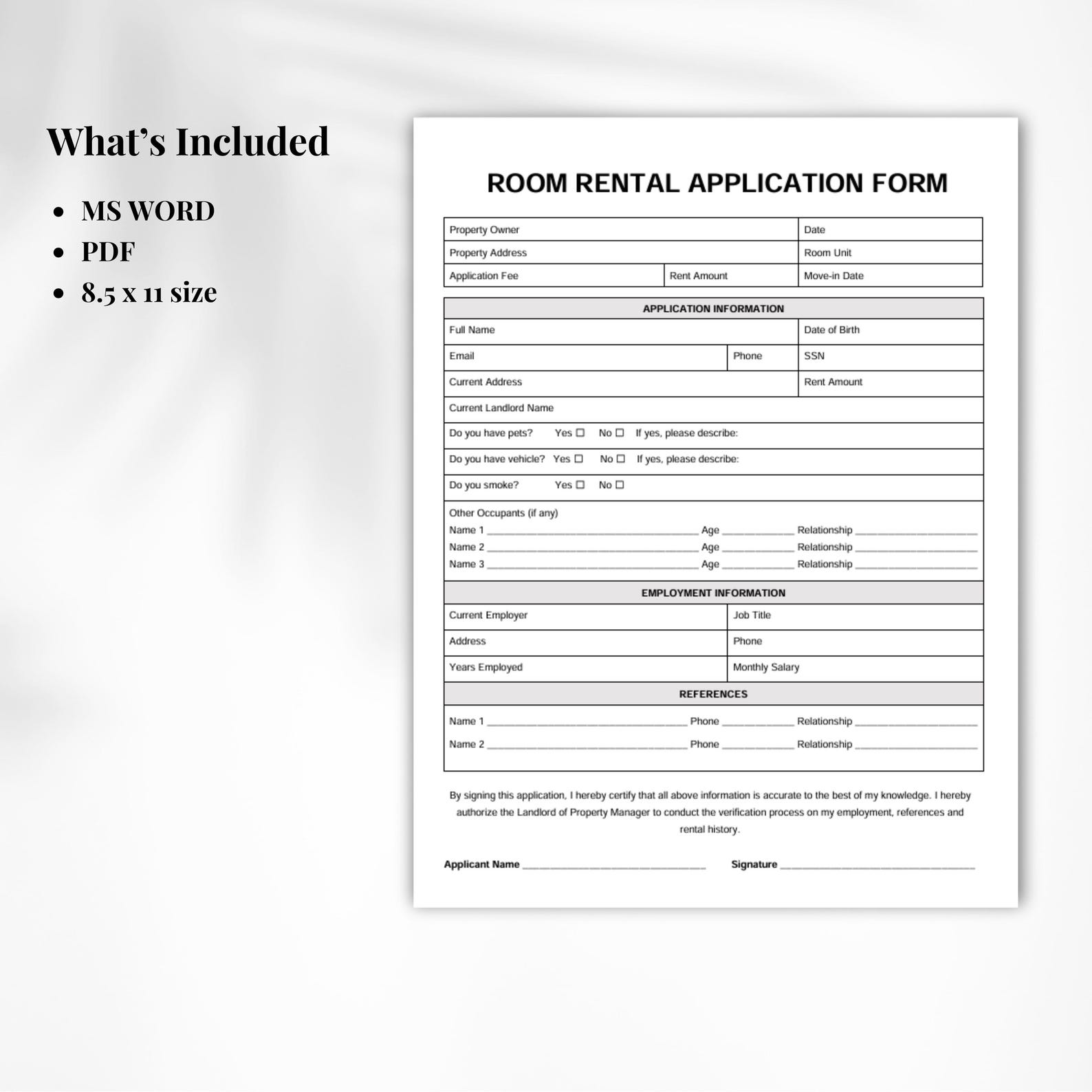 Room Rental Application Form, Rental Application, Landlord Rental ...