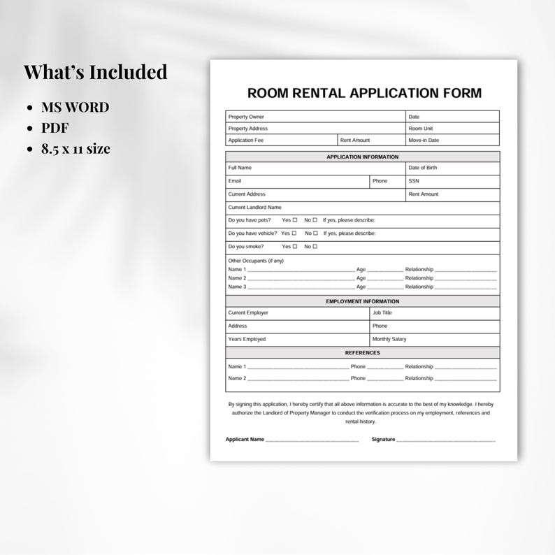 Room Rental Application Form, Rental Application, Landlord Rental ...