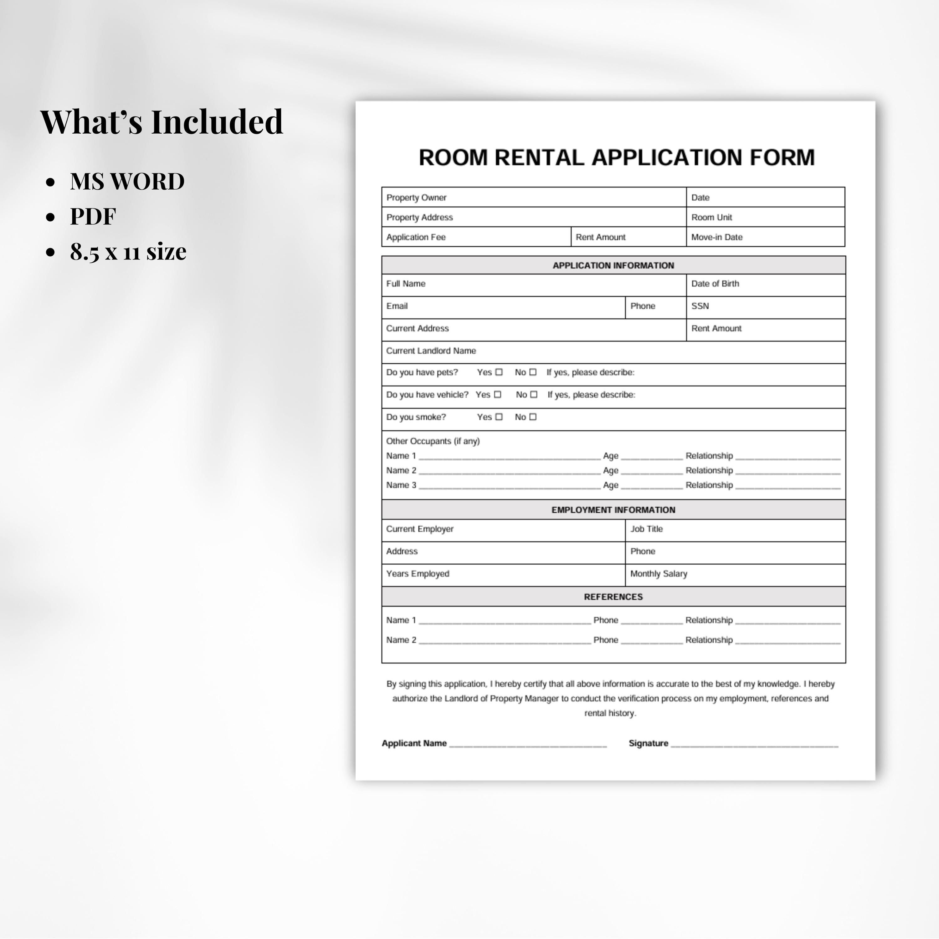 Room Rental Application Form, Rental Application, Landlord Rental ...