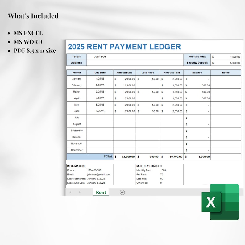 Rent Payment Ledger, Rent Payment Tracker, Monthly Rent Payment Ledger ...