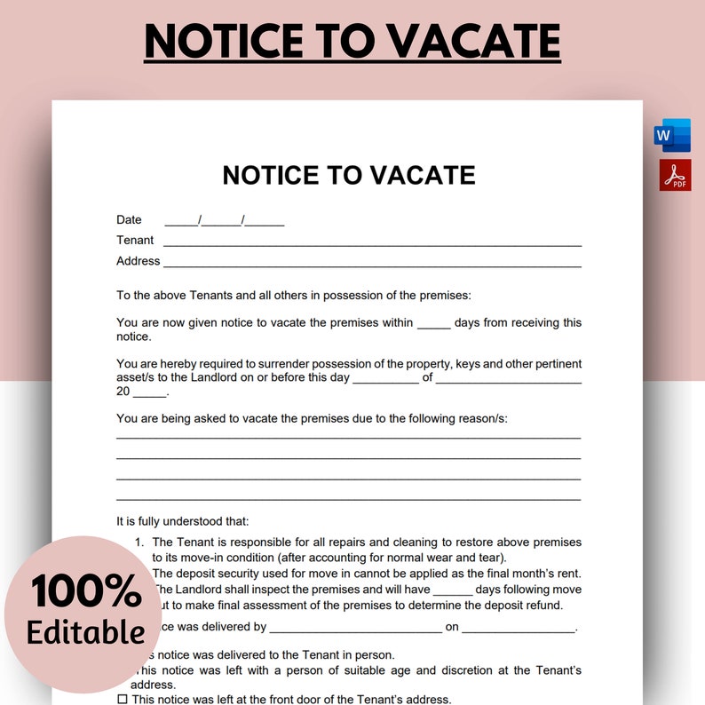 Notice to Vacate Template Notice to Vacate Letter Editable - Etsy