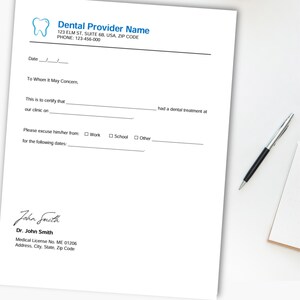 Dental Excuse, Dental Excuse Note, Doctor Excuse for Work, Doctor ...