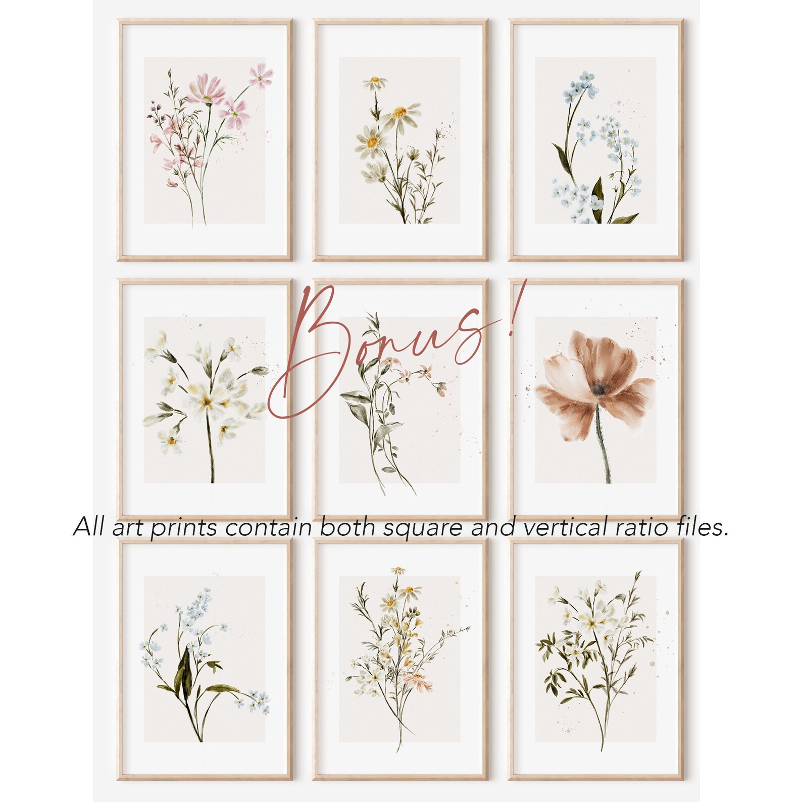 Square Wildflower Print, Set of 9 Prints, Watercolor Wildflower Print ...