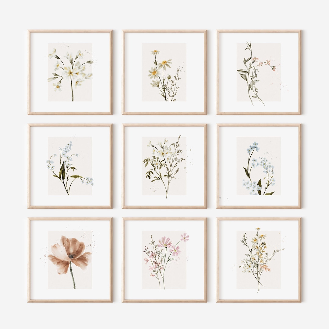 Square Wildflower Print, Set of 9 Prints, Watercolor Wildflower Print ...