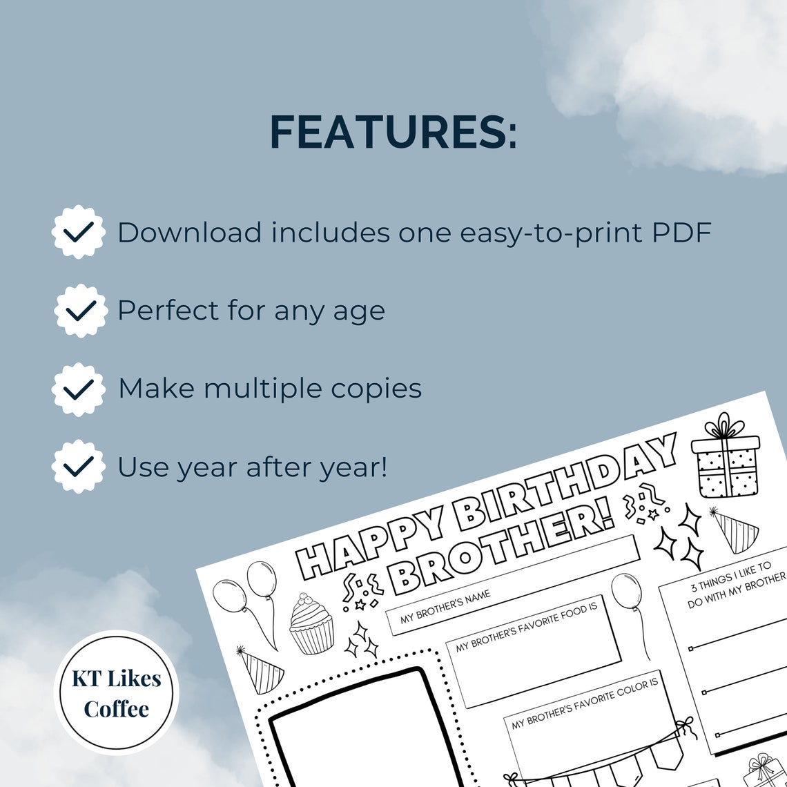 Happy Birthday Brother Coloring Page: Kids Activity (digital Download ...