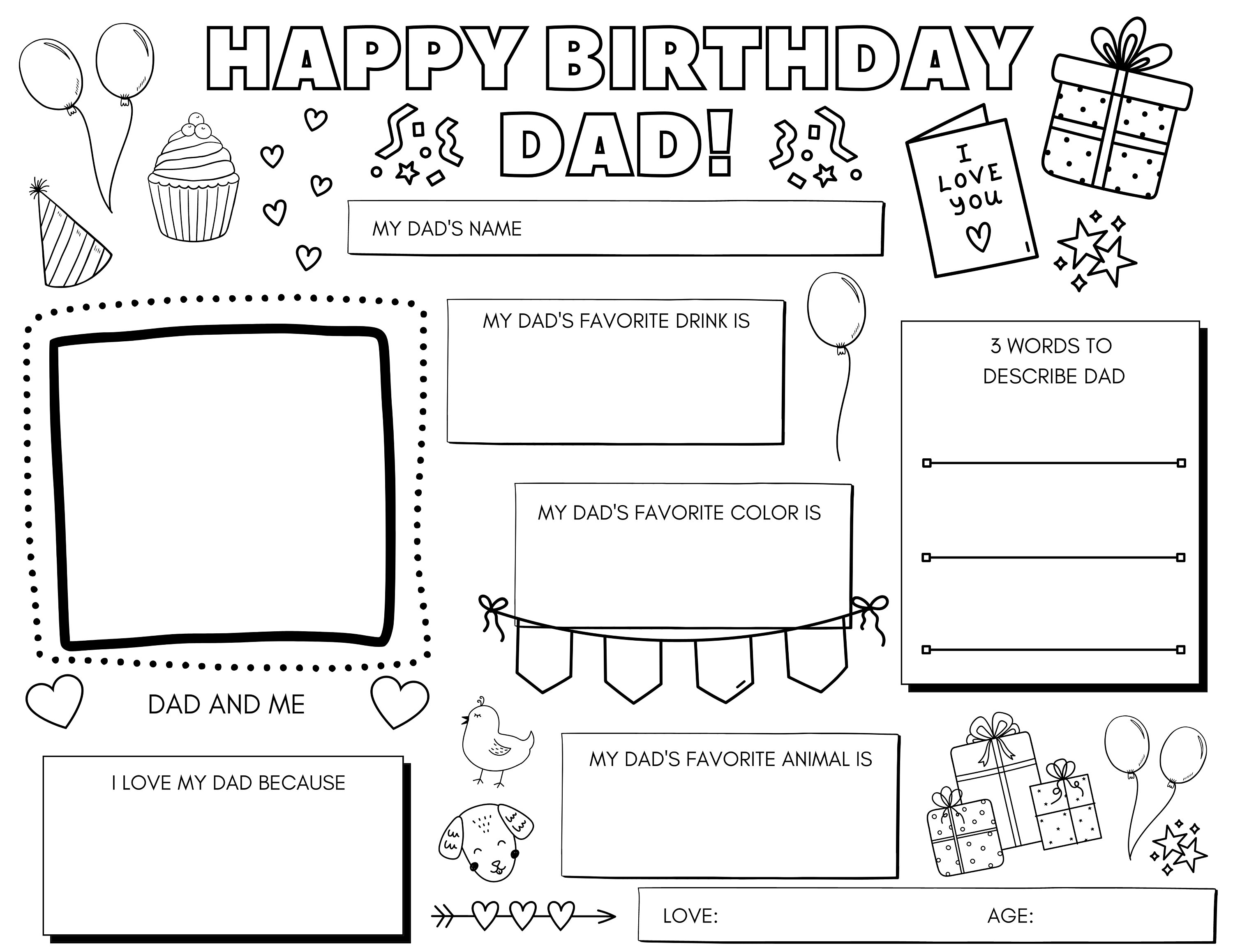 Happy Birthday Coloring Page Bundle | Happy Birthday Placemat Activity ...