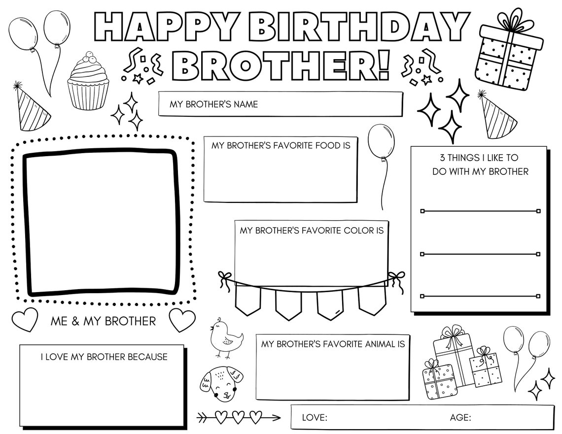 Happy Birthday Brother Coloring Page: Kids Activity (digital Download ...