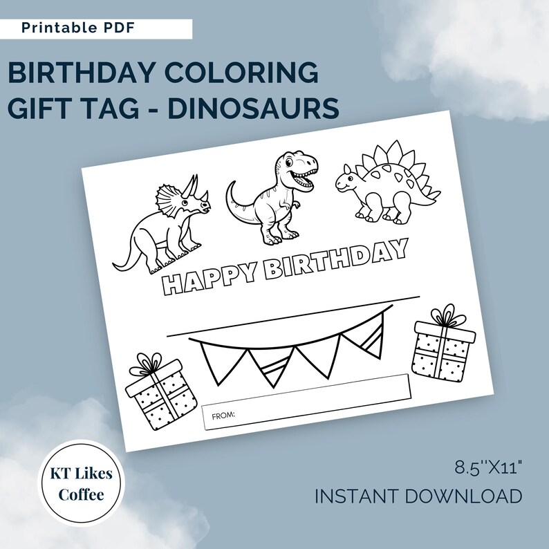 Birthday Coloring Gift Tag Printable for Boys | Dinosaur Theme - Etsy