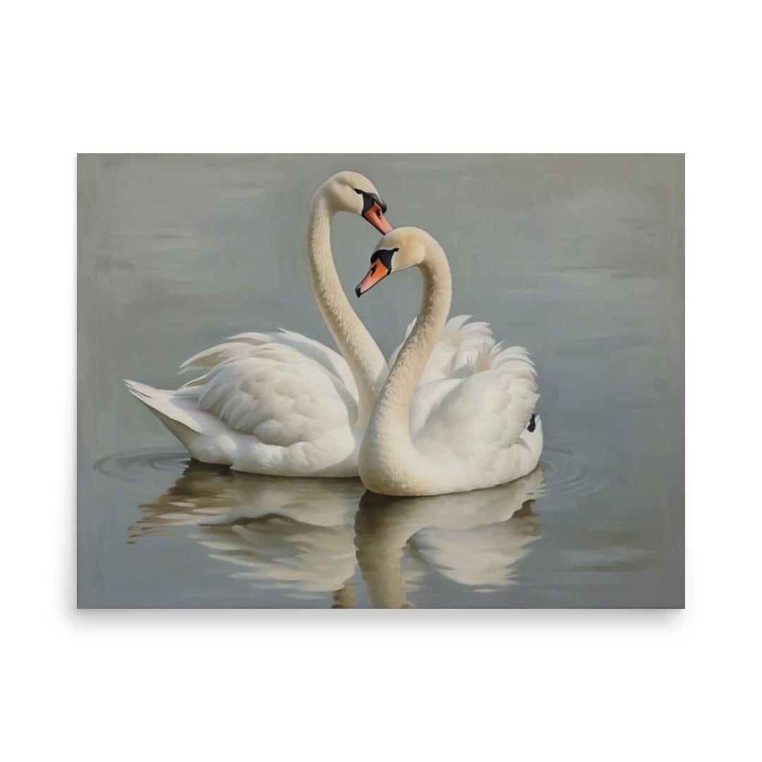 Swan Painting Two White Swans Vintage Art Print Birds Wall Art Swimming ...