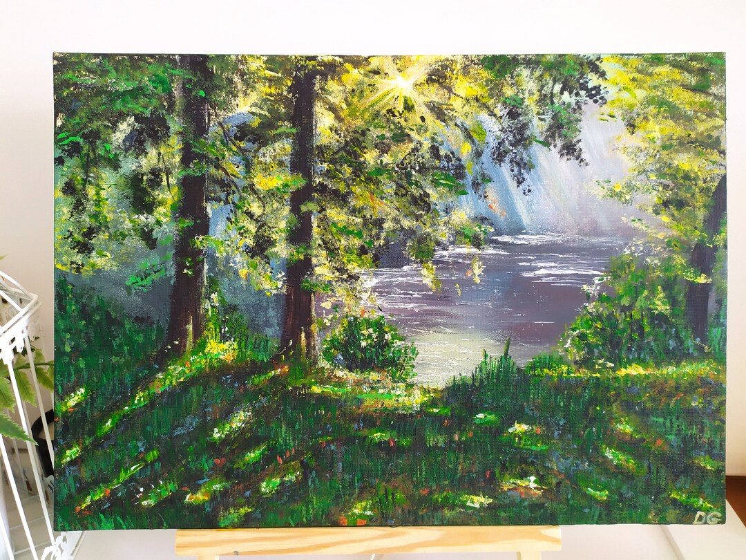 Original Canvas Forest Lake Landscape Painting Sun Rays Art - Etsy
