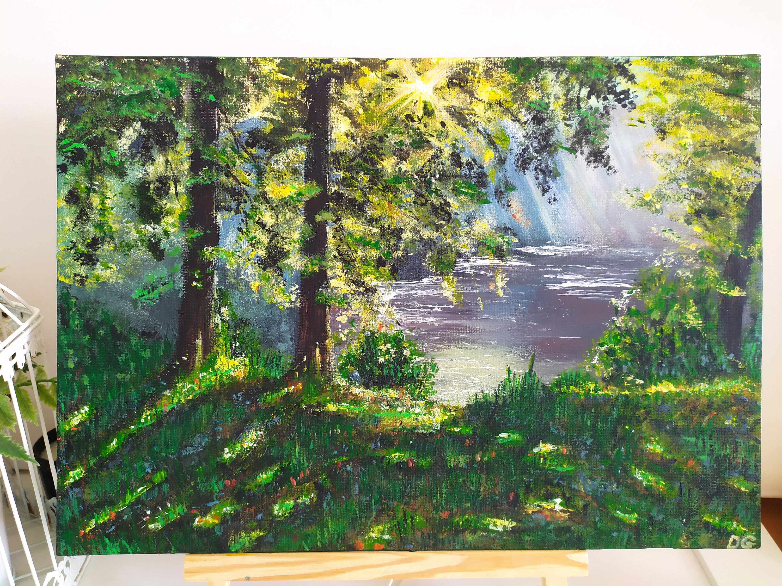 Original Canvas Forest Lake Landscape Painting Sun Rays Art - Etsy