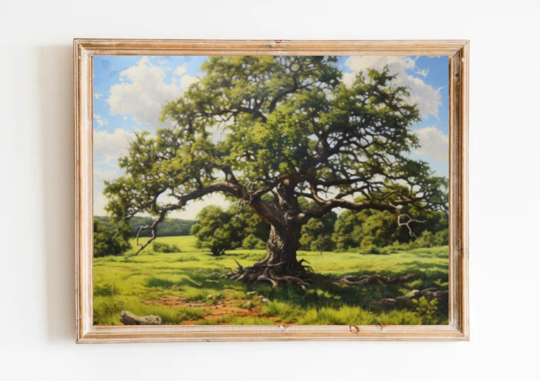 Old Oak Tree Oil Painting Art Print Oak in Green Meadow Wall Art Tree ...