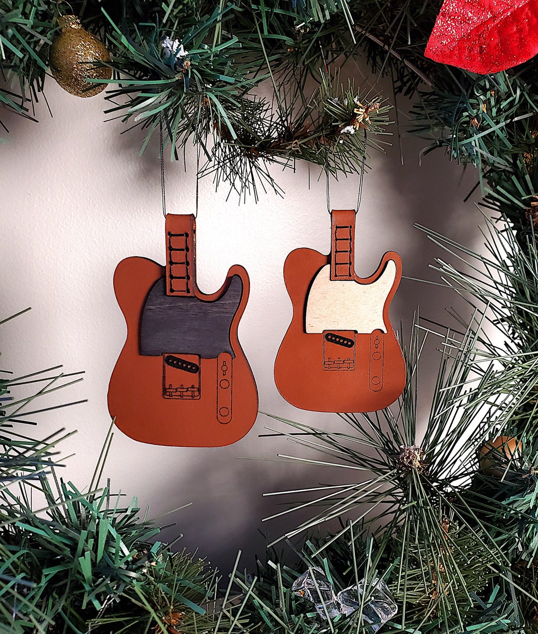 Personalized Leather Guitar Christmas Tree Ornament With Wood Detail - Etsy