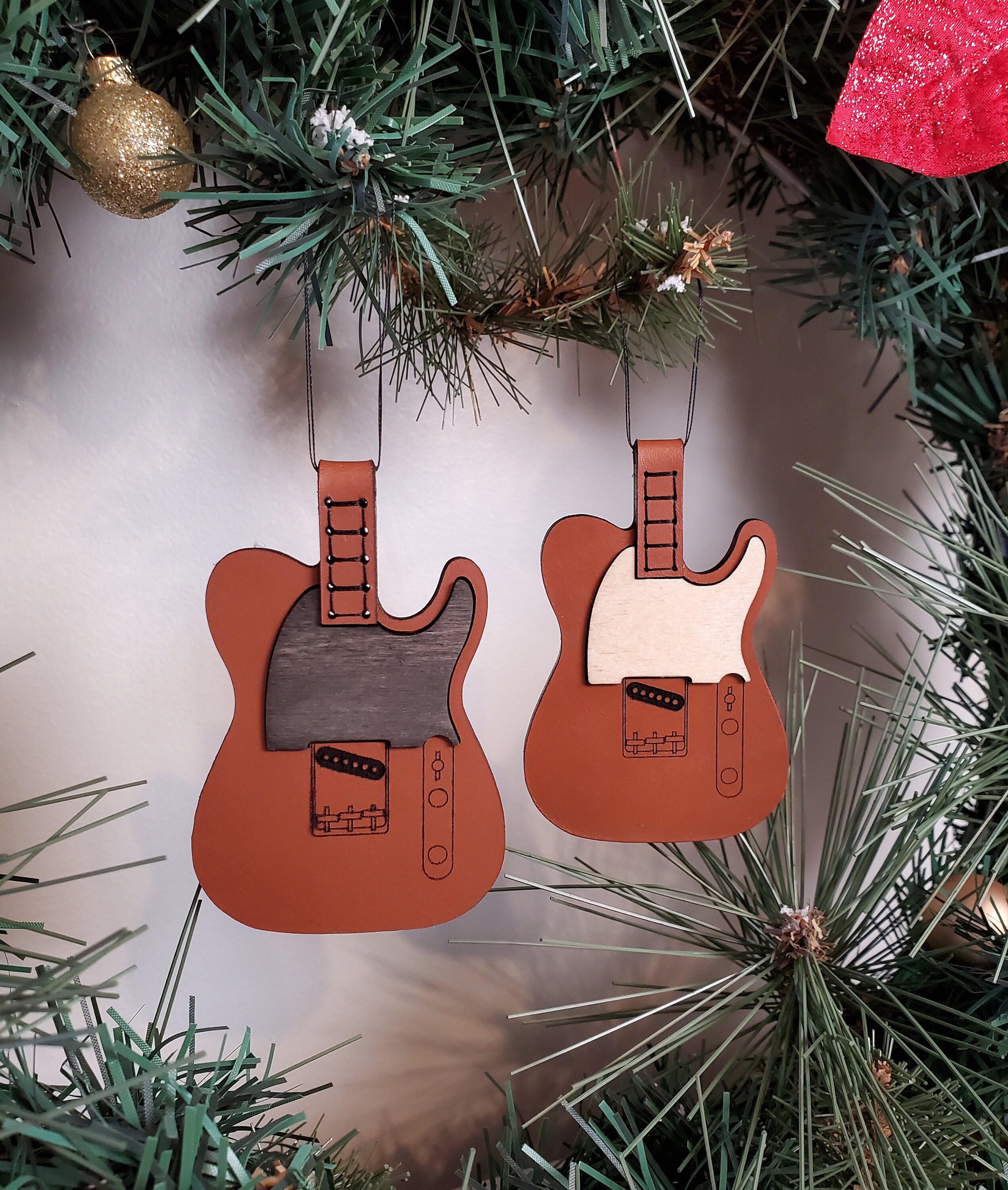 Personalized Leather Guitar Christmas Tree Ornament With Wood Detail - Etsy