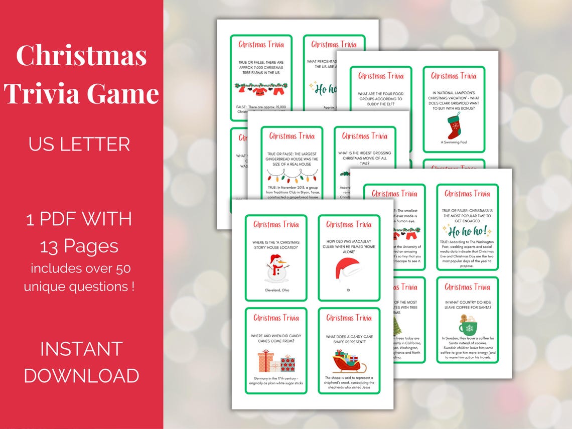 Christmas Trivia Cards, Holiday Trivia Cards, Christmas Trivia ...