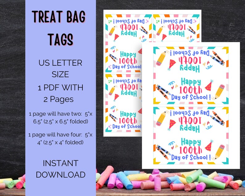 100th Day of School Treat Tags, 100th Day Treat Bag Tags, 100 Days ...