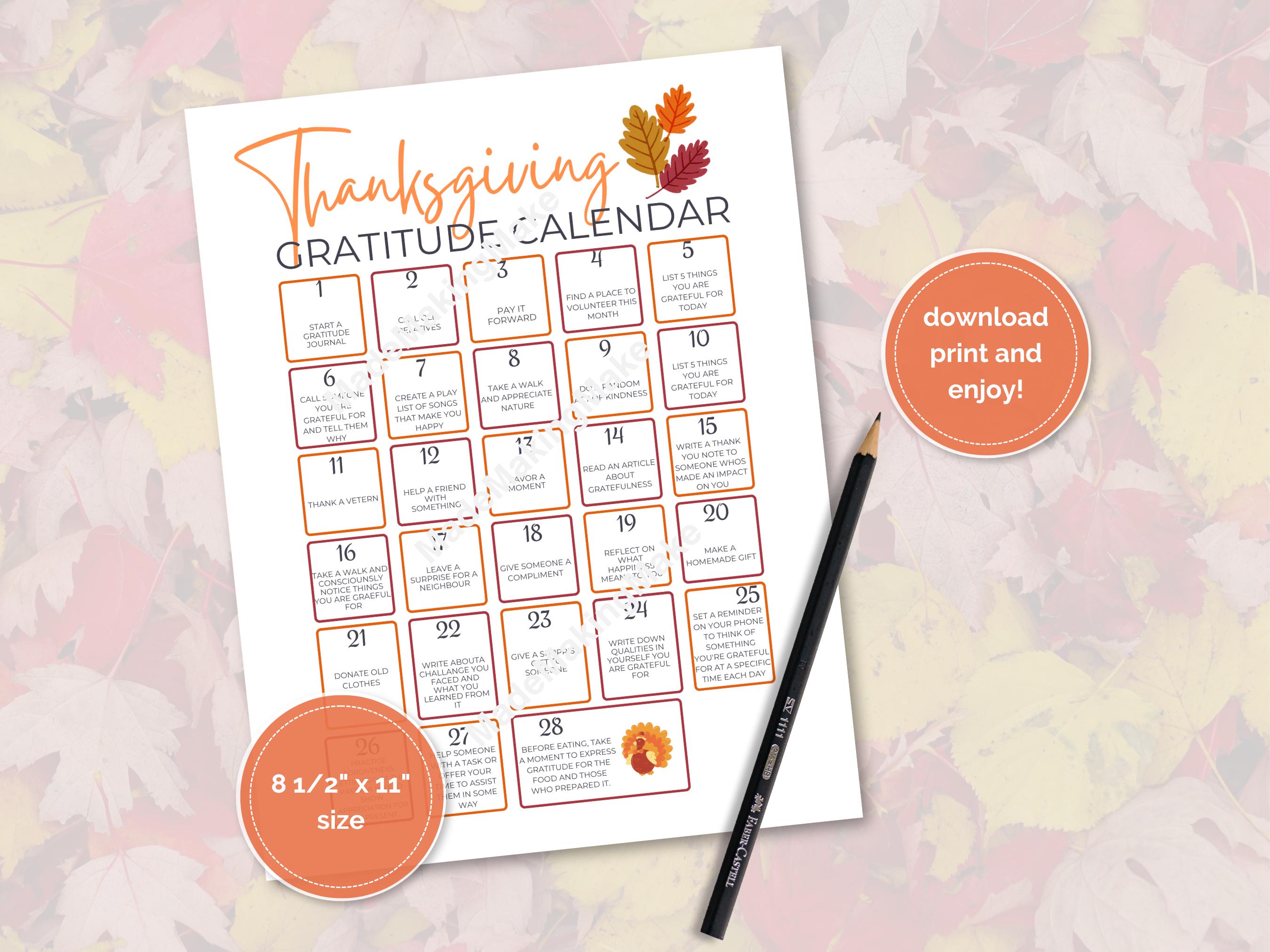 Adult Thanksgiving Gratitude Calendar, Gratitude Calendar, Thanksgiving ...