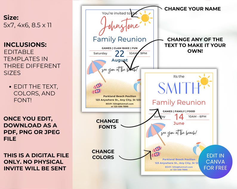 Editable Beach Family Reunion Invitation Template, Family Reunion Beach ...