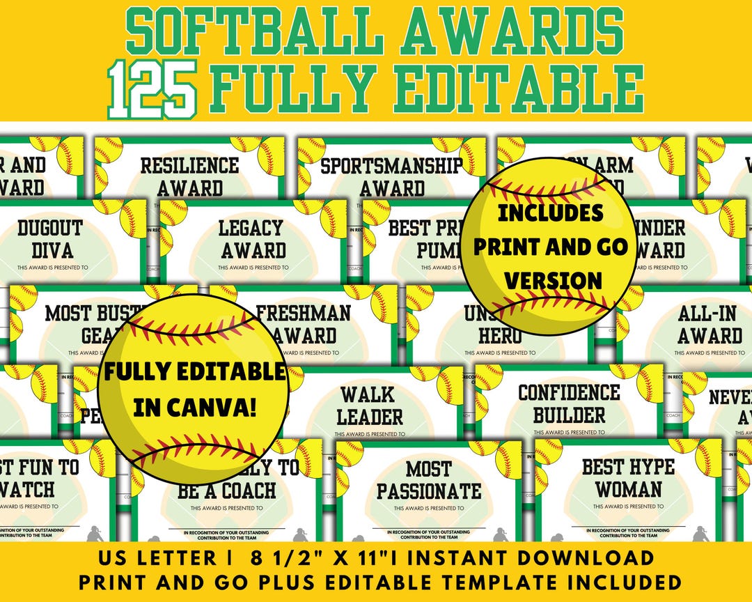 Editable Softball Awards, Funny Softball Awards, End of Season Award ...
