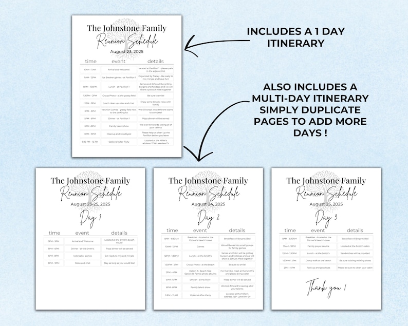 Editable Family Reunion Itinerary Template, Family Reunion Agenda ...